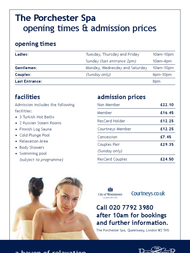 Opening Times Admission Prices The Porchester Spa PDF