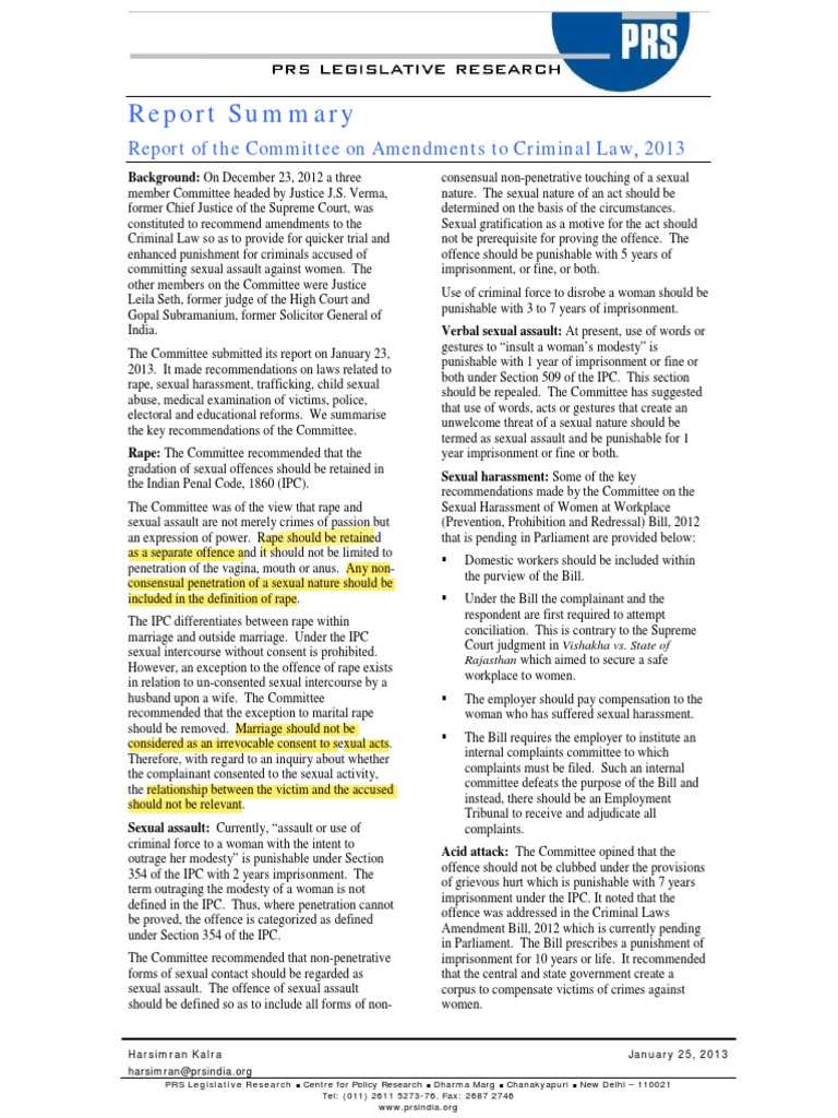 Justice Verma Committee Report Summary | PDF | Rape | Sexual Assault