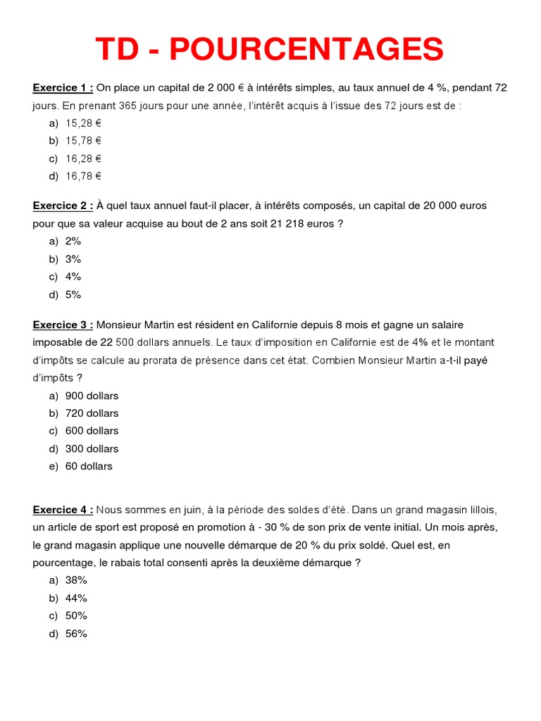 Exercices sur les pourcentages et intérêts | PDF