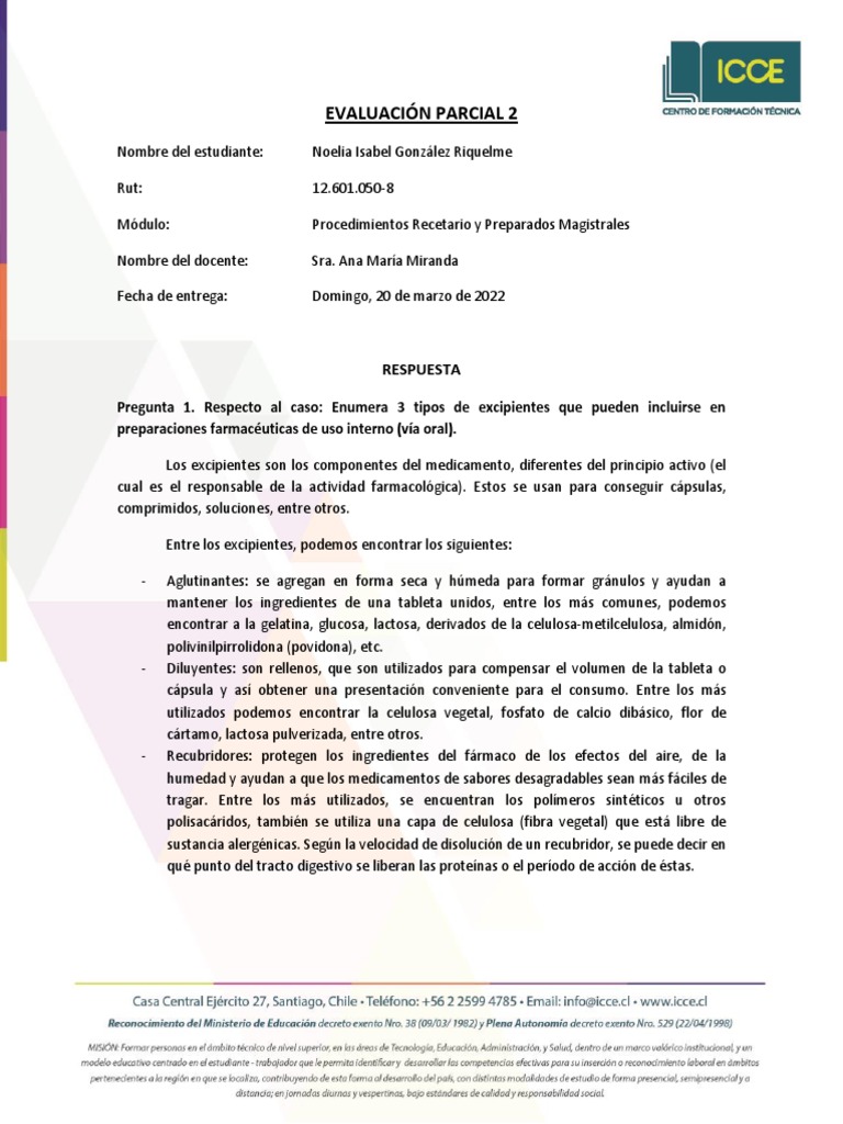 Evaluación Parcial 2-Procedimientos Recetario y Preparados Magistrales-Noelia Gonzalez | PDF