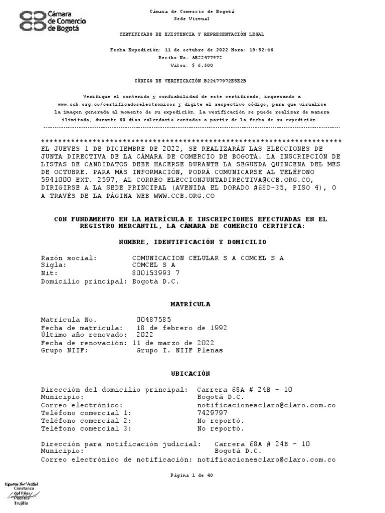 Certificado de Existencia COMCEL S.A. | PDF | Sociedad de ...