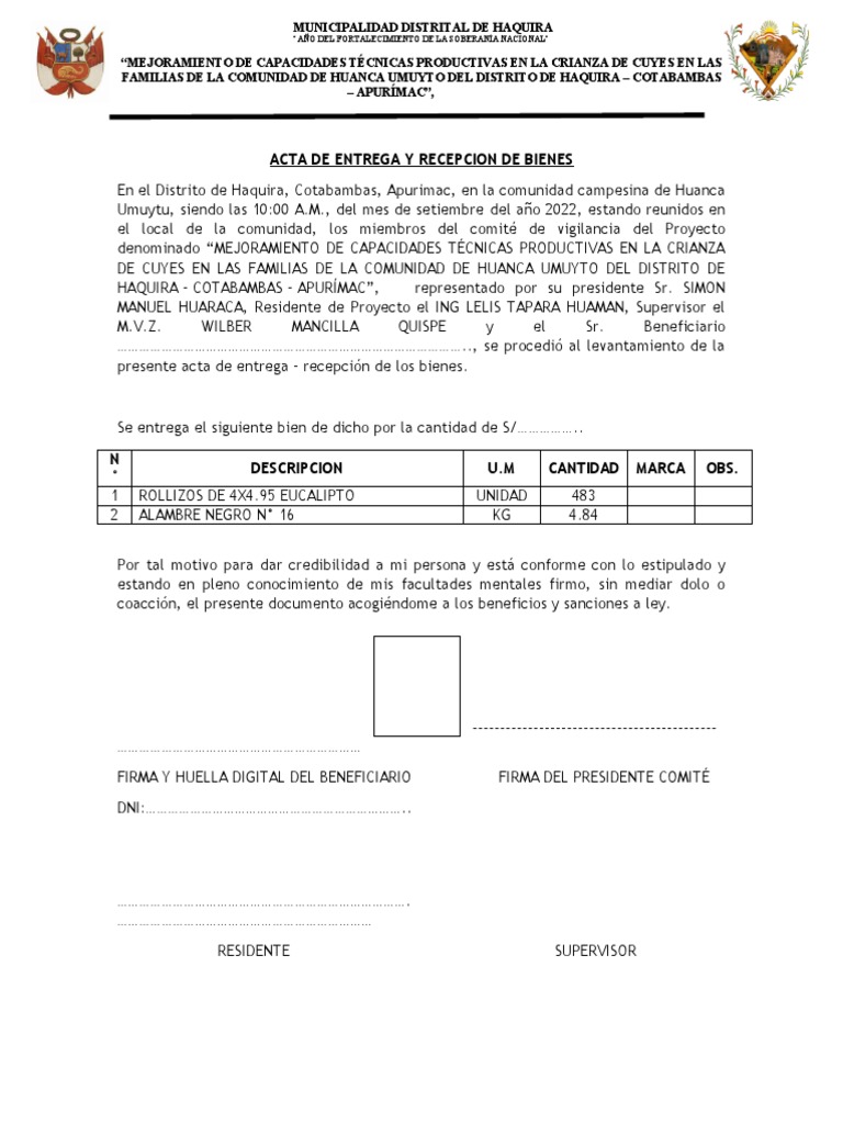 Acta de Entrega y Recepcion de Bienes 2022 | PDF