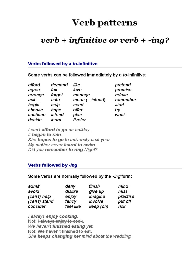 Verb Patterns | PDF | Subject (Grammar) | Verb