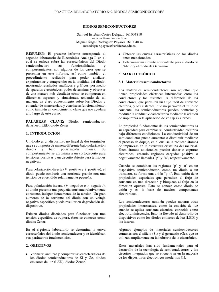 Practica de Laboratorio N°2 Diodos Semiconductores | PDF | Diodo | Semiconductores