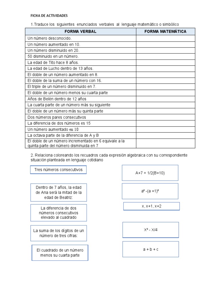 FICHA DE ACTIVIDADES _MATEMATICAS_lenguaje cotidiano y lenguaje algebraico | PDF