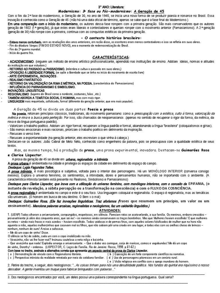Características da Geração de 45 | PDF | Poesia | Modernismo