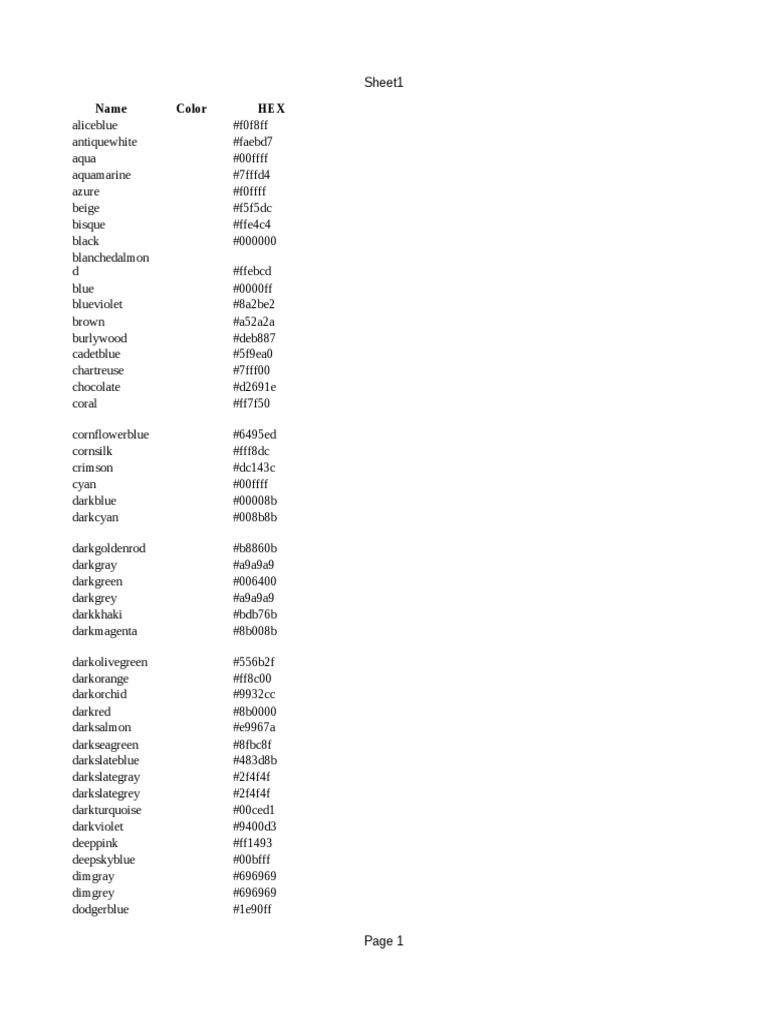 Color Names and HEX Codes List | PDF | Color | Visual Perception
