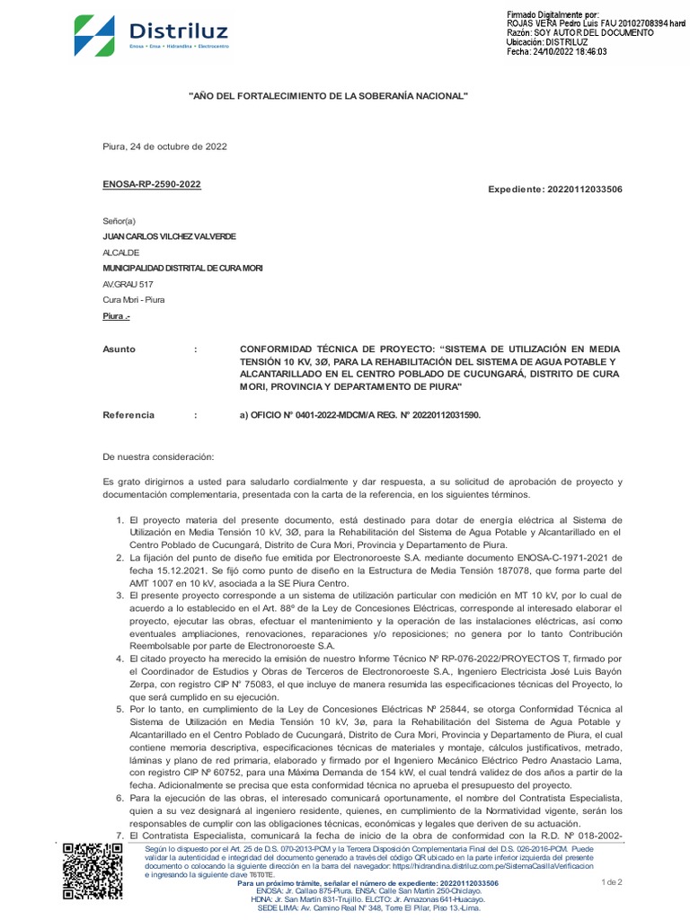 02 Anexo CARTA de Aprobación ENOSA-RP-2590-2022 - CONFORMIDAD MEDIA TENSION | PDF | Evaluación ...