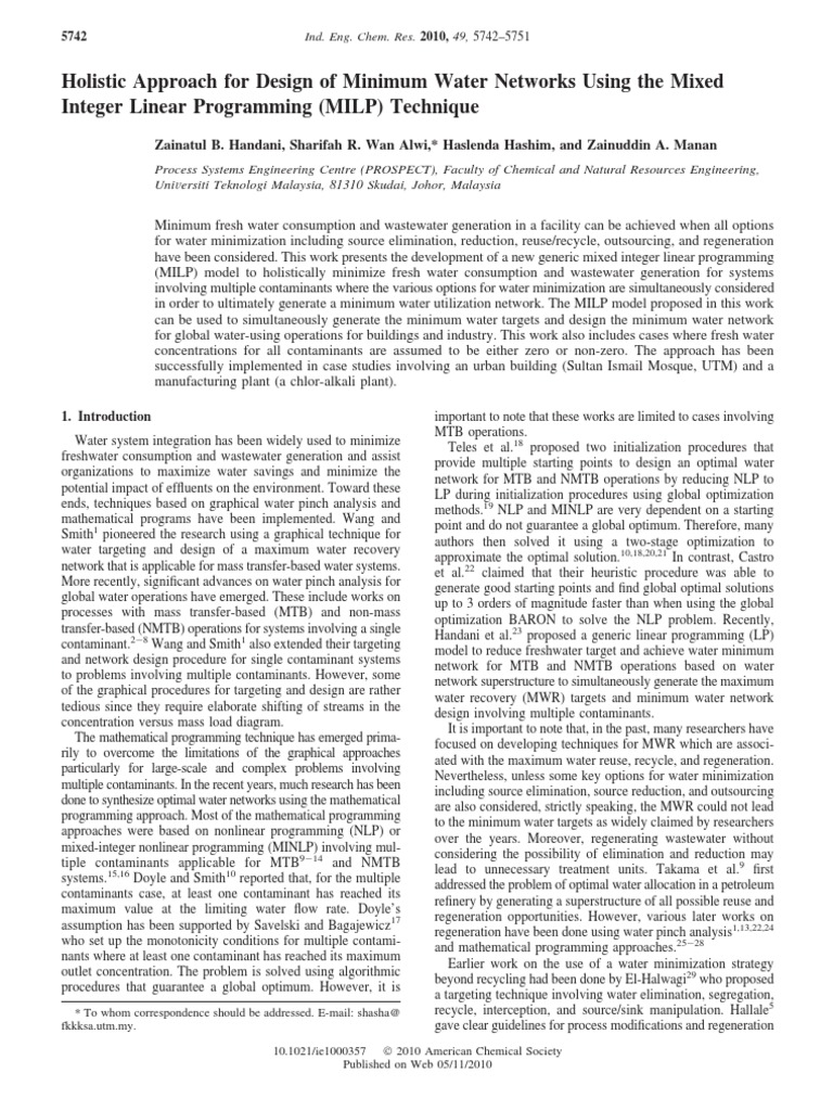 Holistic Approach For Design Of Minimum Water Networks Using The Mixed Integer Linear