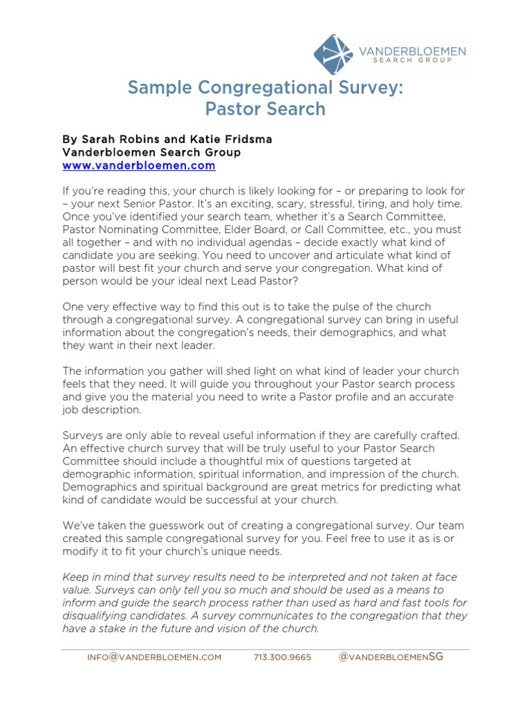 Sample Congregational Survey for Pastor Search | PDF | Mainline ...