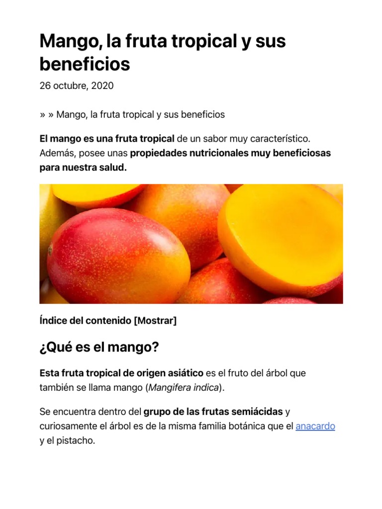 Mango, La Fruta Tropical y Sus Beneficios - Fruta Pasión | PDF | Mango ...