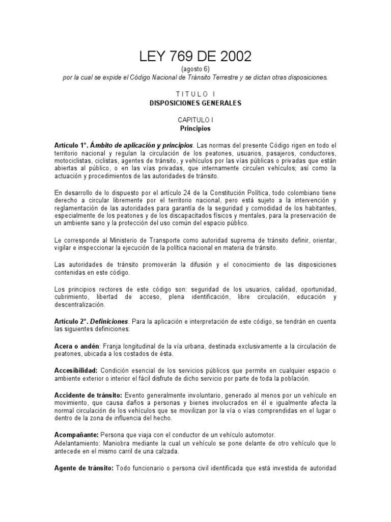 LEY 769 DE 2002 Nuevo Codigo Nacional de Transito | PDF