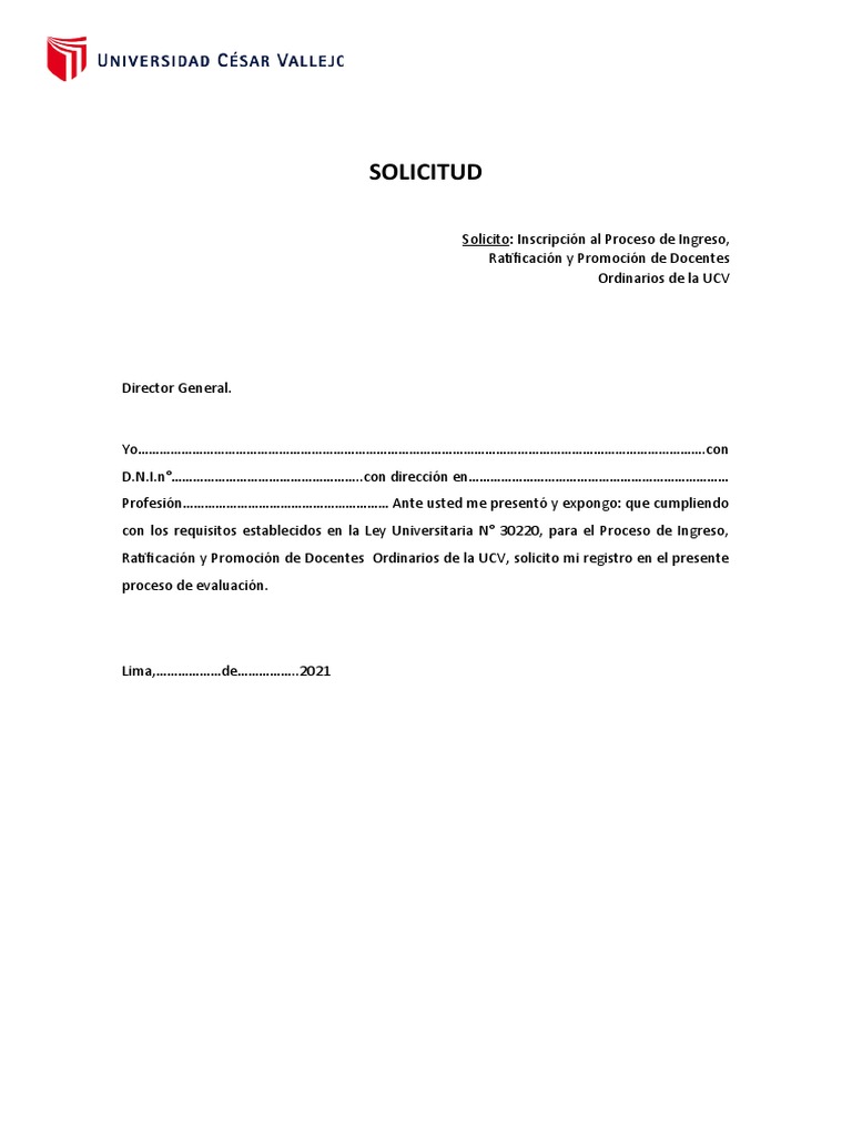 Modelo de Solicitud de Postulación Al Proceso de Ingreso, Ratificación ...