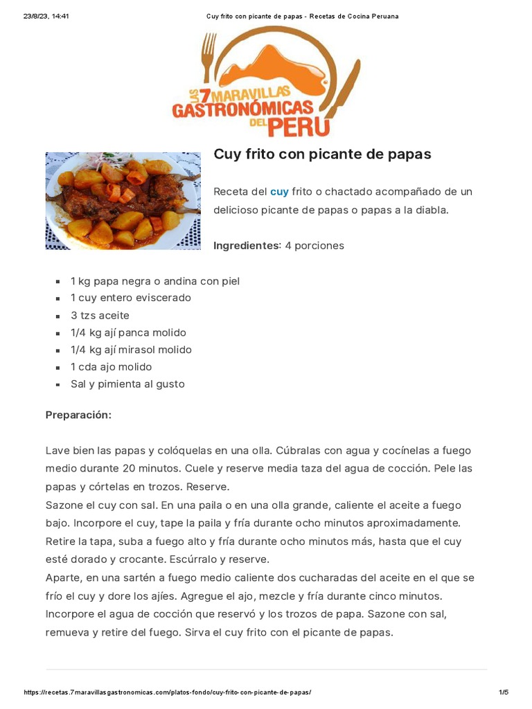 Cuy Frito Con Picante de Papas - Recetas de Cocina Peruana | PDF