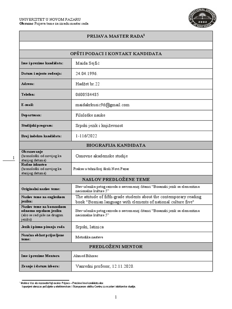 Prijava Teme Master Rada | PDF