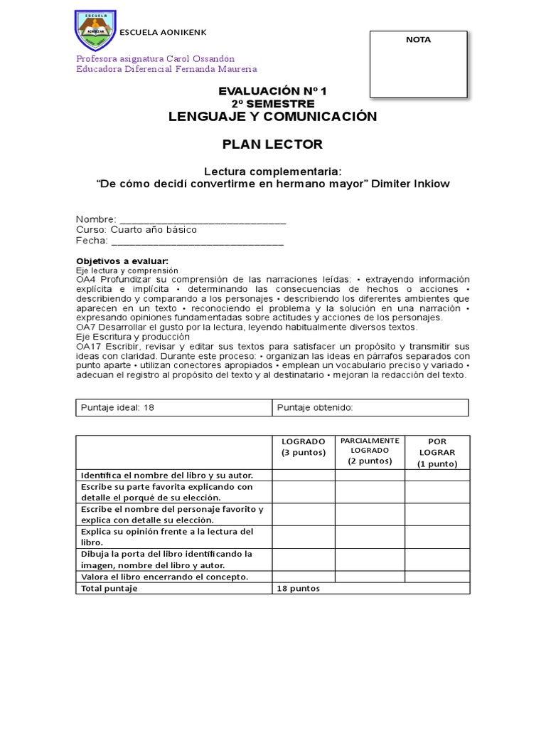 4º - Evaluación Plan Lector de Como Decidí | PDF