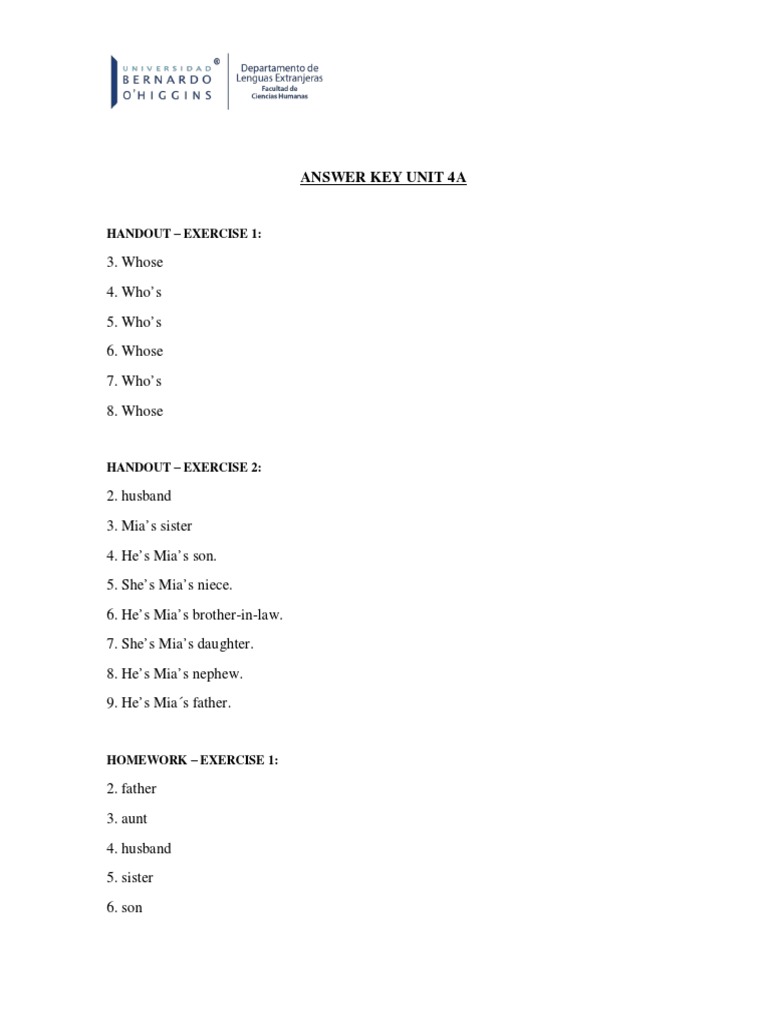 Answer Key Unit 4a | PDF