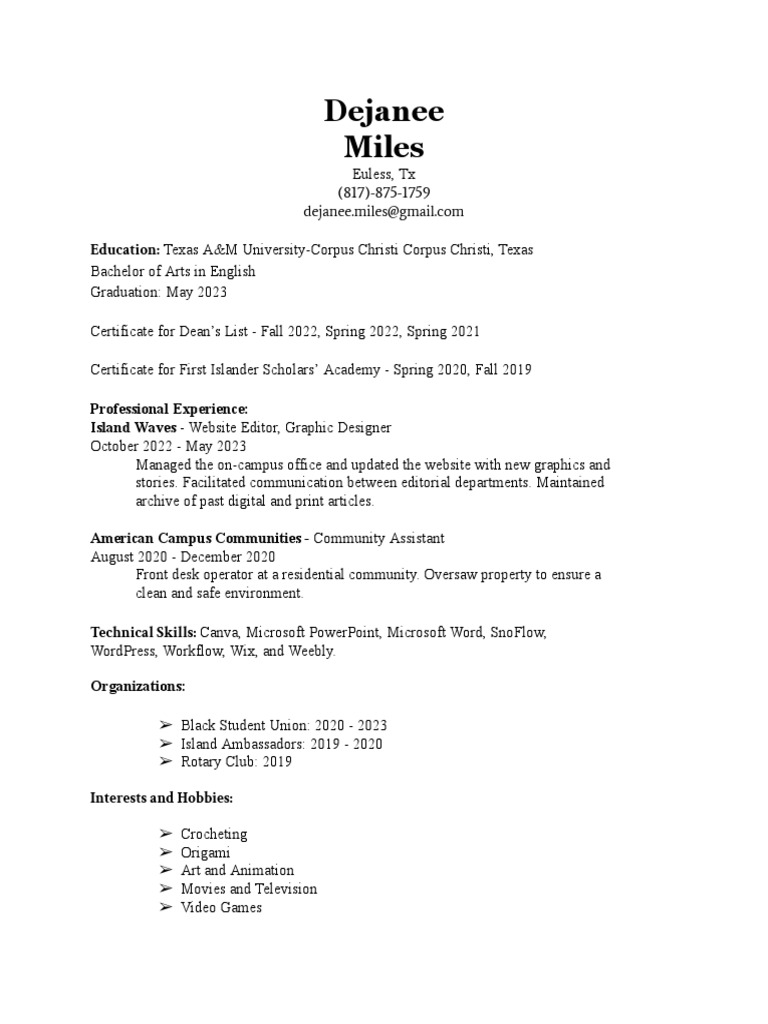 Miles Dejanee Resume 1 | PDF