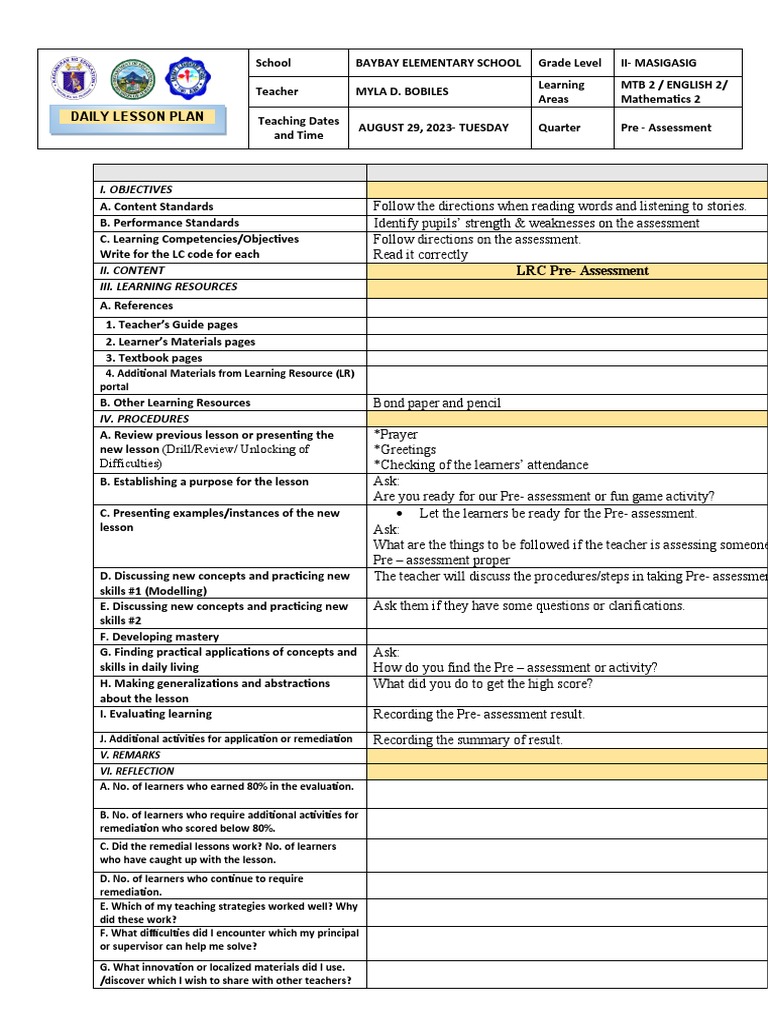 DLP Pre Assessment | PDF | Teachers | Learning