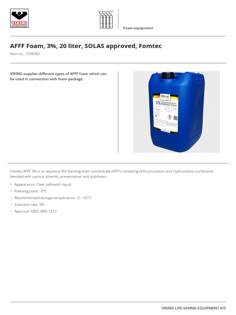 AFFF Foam, 3%, 20 Liter, SOLAS Approved, Fomtec | PDF | Business ...