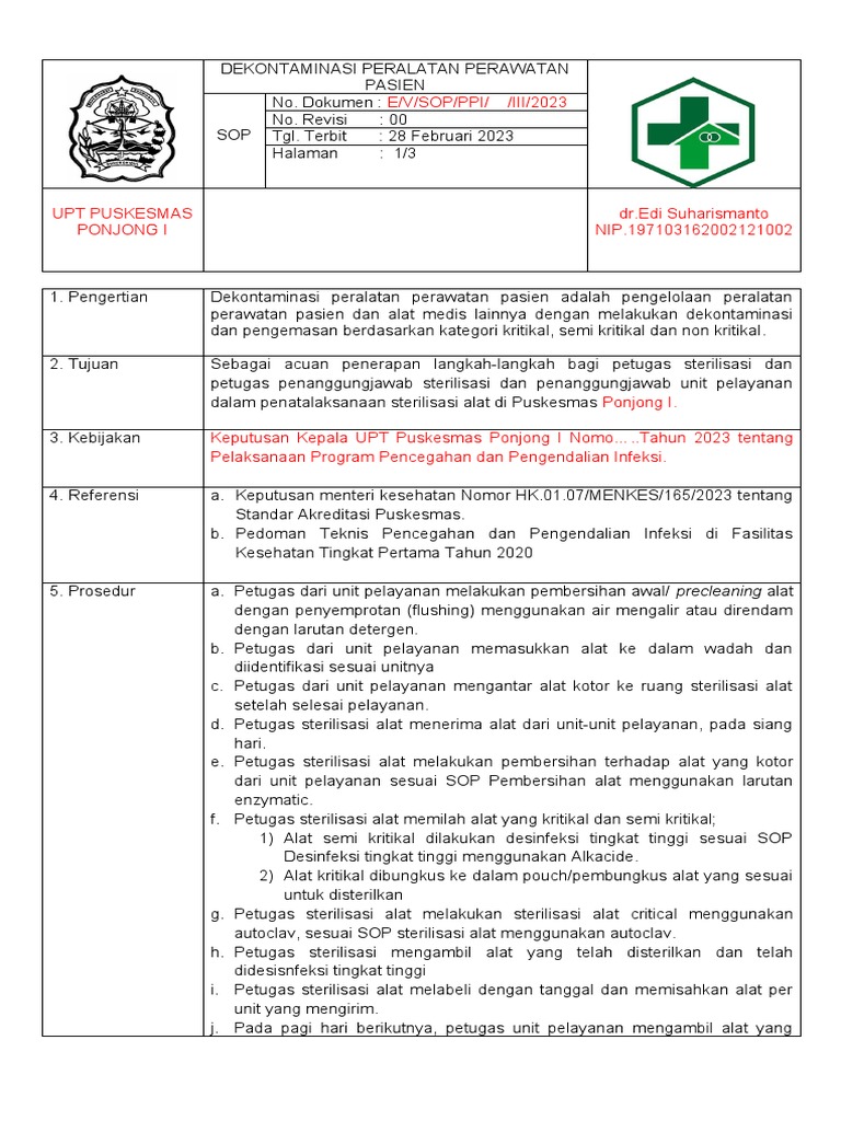 5.5.3.a) Sop Dekontaminasi Peralatan Perawatan Pasien | PDF