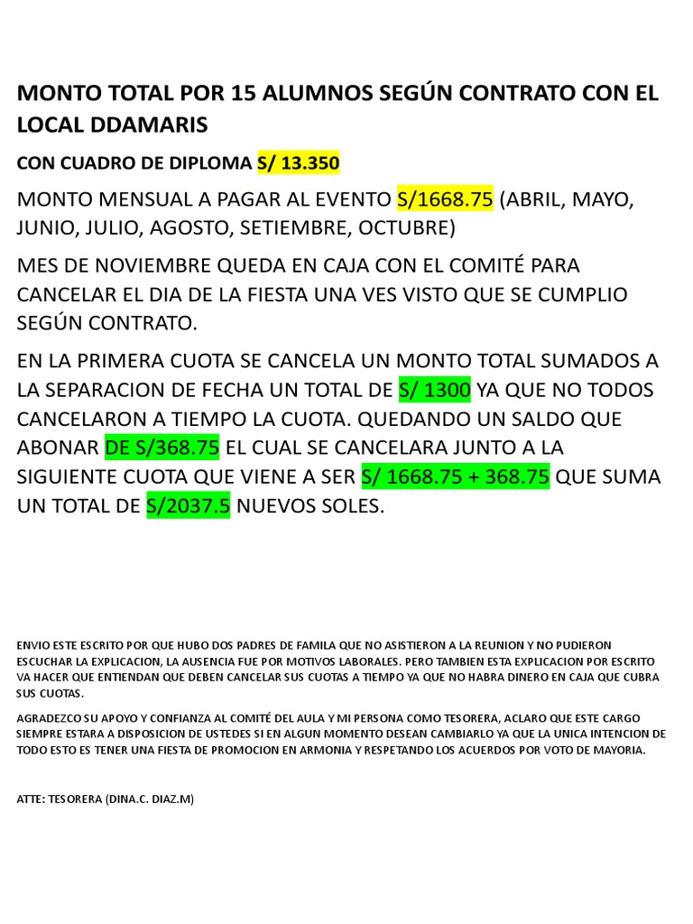 Monto Total Por 15 Alumnos Según Contrato Con El Local Ddamaris | PDF