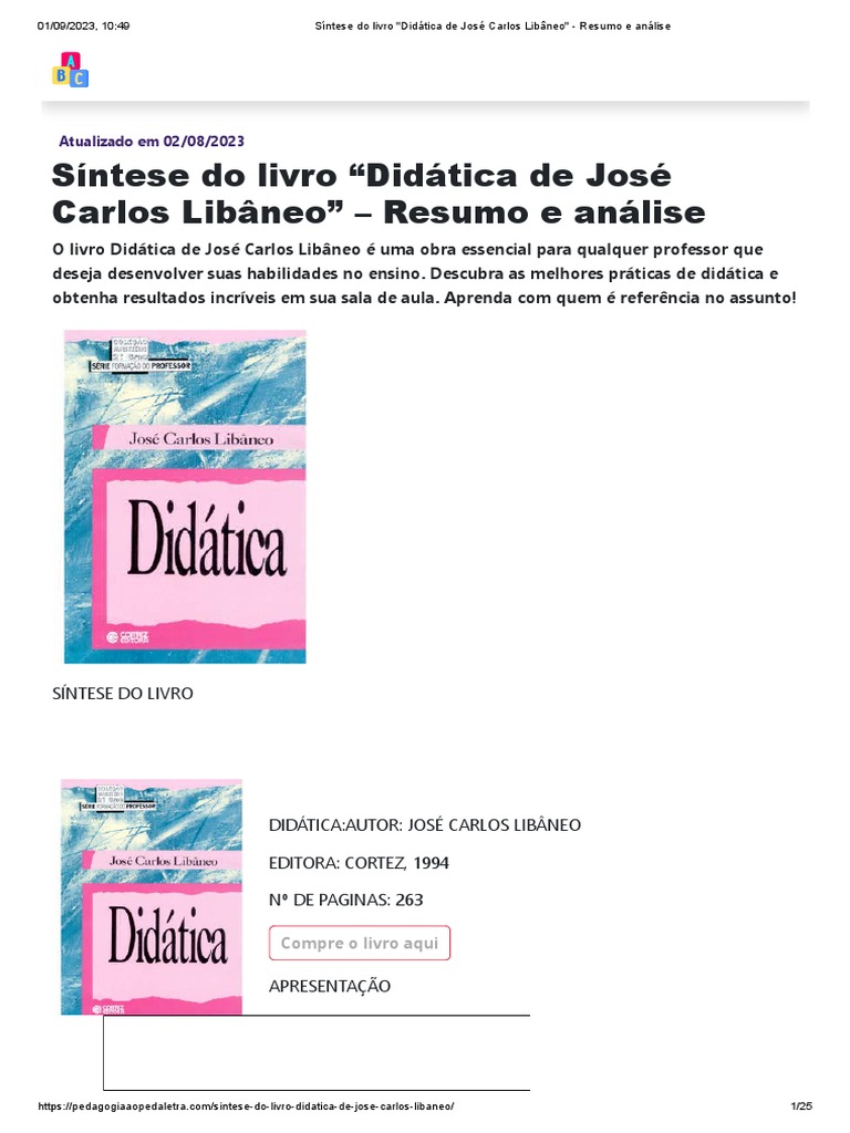 Síntese do livro _Didática de José Carlos Libâneo_ - Resumo e análise | PDF