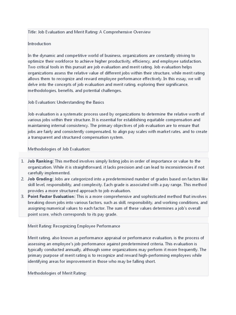 Job Evaluation and Merit Rating A Comprehensive Overview | PDF