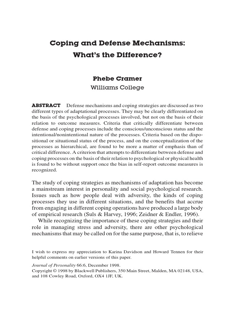 Cramer 1998 - Coping and Defense Mechanisms - Difference | PDF | Consciousness | Stress (Biology)