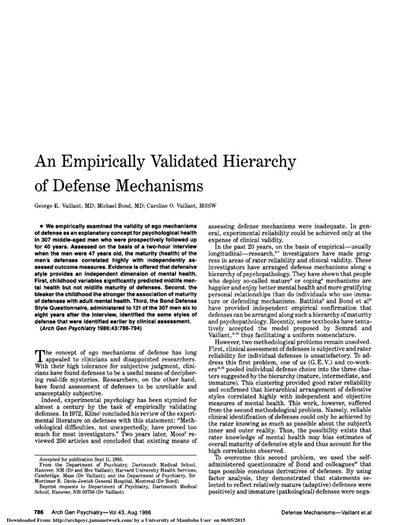 Vaillant, Bond, Vaillant 1986 - An Empirically Validated Hierarchy of Defense Mechanisms | PDF