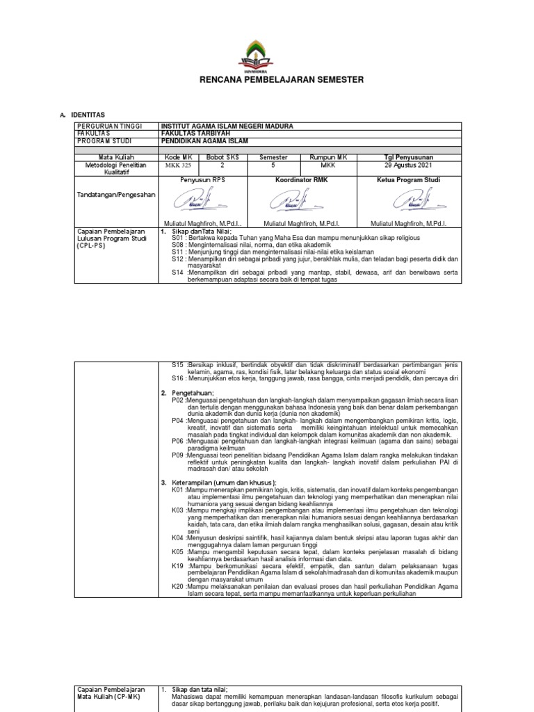RPS KKNI 2022 Metodologi Penelitian Kualitatif Tervalidasi Kaprodi PAI | PDF | Seni