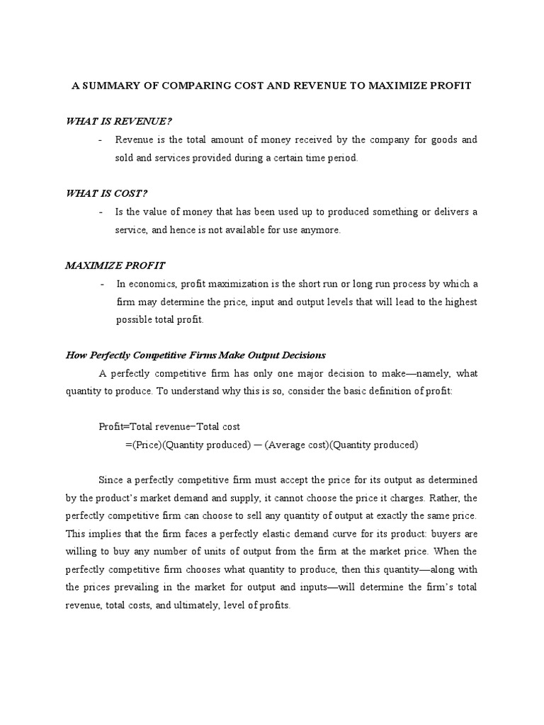 A Summary of Comparing Cost and Revenue To Maximize Profit | Download ...