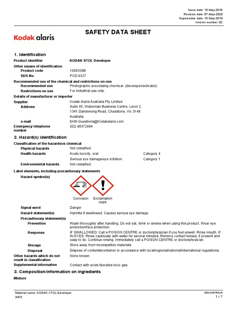 SDS Australia EU English - KODAK XTOL Developer | PDF | Personal Protective Equipment ...