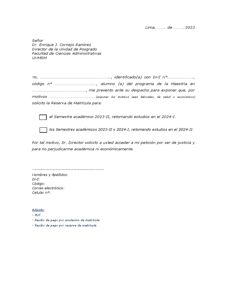 Modelo de Solicitud RESERVA DE MATRICULA | PDF