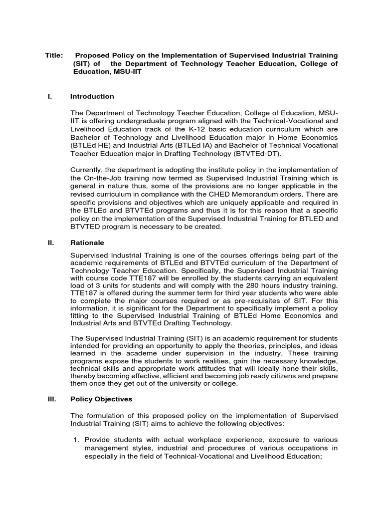 Policy Implementation of Supervised Industrial Training of DTTE CED MSU IIT 1 | PDF | Policy ...