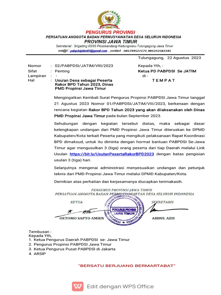 Menyusuli Surat Rakor BPD 2023 PMD Jatim | PDF