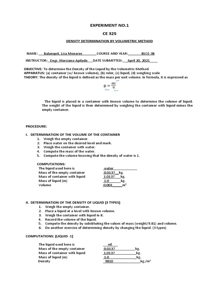 Experiment No, 1 | PDF | Density | Volume