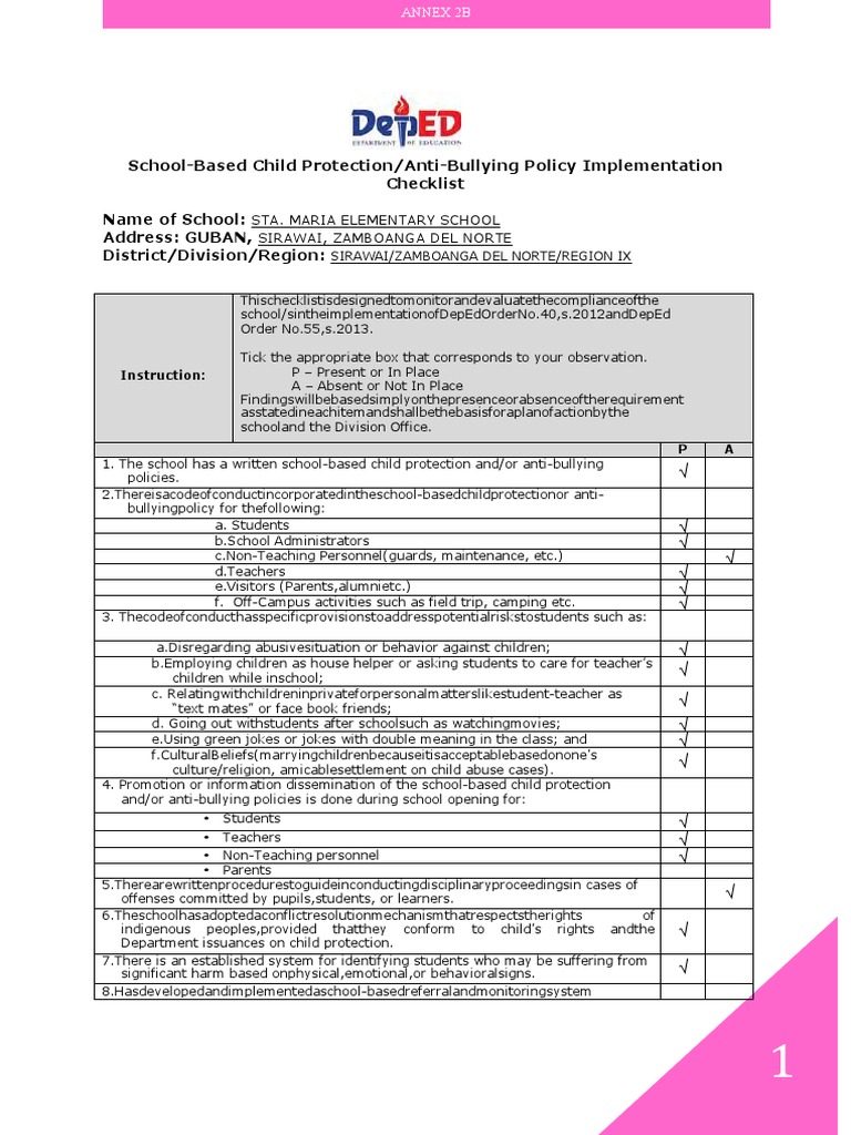 ANNEX 2B Child Protection Policy Implementation Checklist | PDF ...