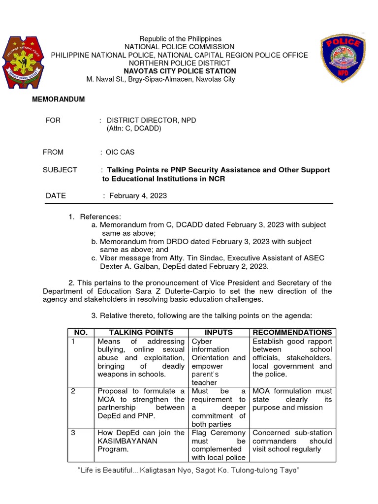 Talking Points Re PNP Security Assistance and Other Support To ...