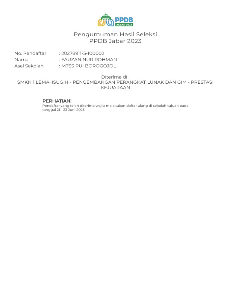 Pengumuman Hasil Seleksi PPDB Jabar 2023 | PDF