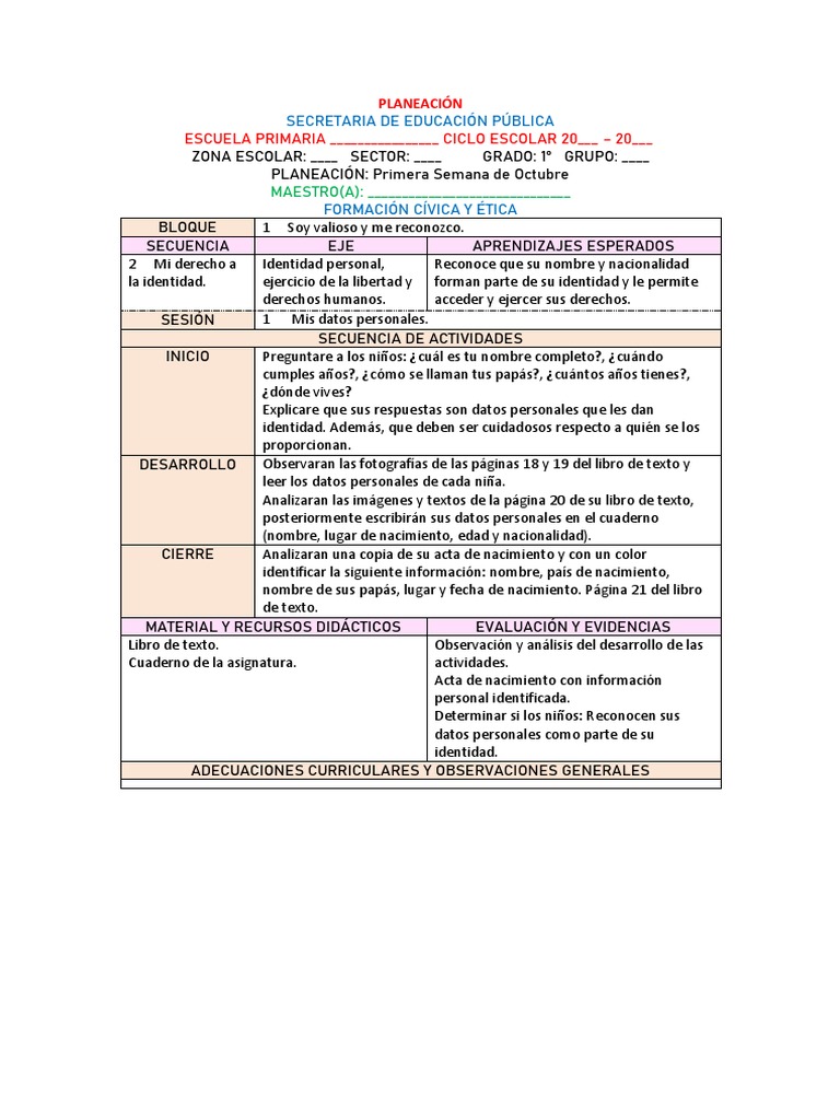 Planeación Formación Cívica y Ética Primer Grado SEP - Octubre | PDF ... Planeación Formación Cívica y Ética Primer Grado SEP - Octubre | PDF ...