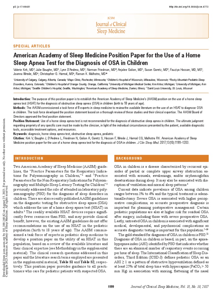 American Academy of Sleep Medicine Position Paper For The Use of A Home ...