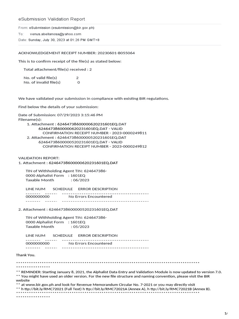 eSubmission Validation Report Summary | PDF | Email | Computing