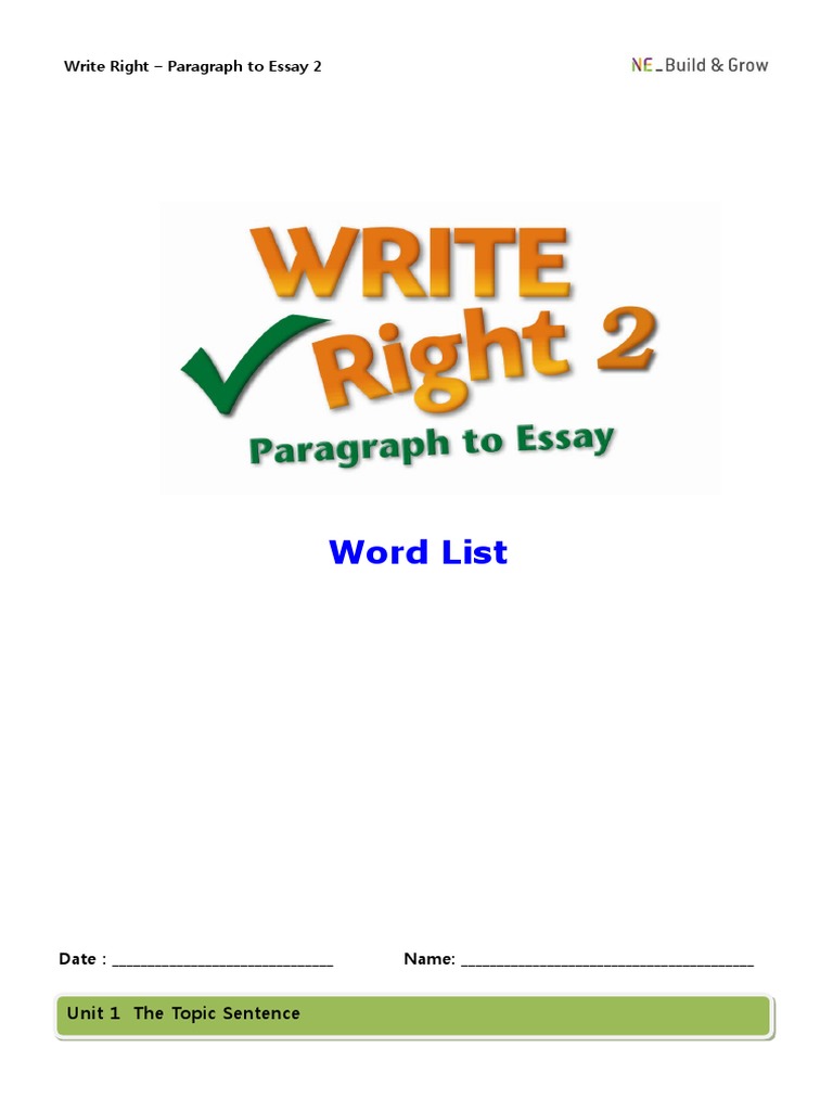 Write Right Paragraph To Essay 2 - Word List | PDF