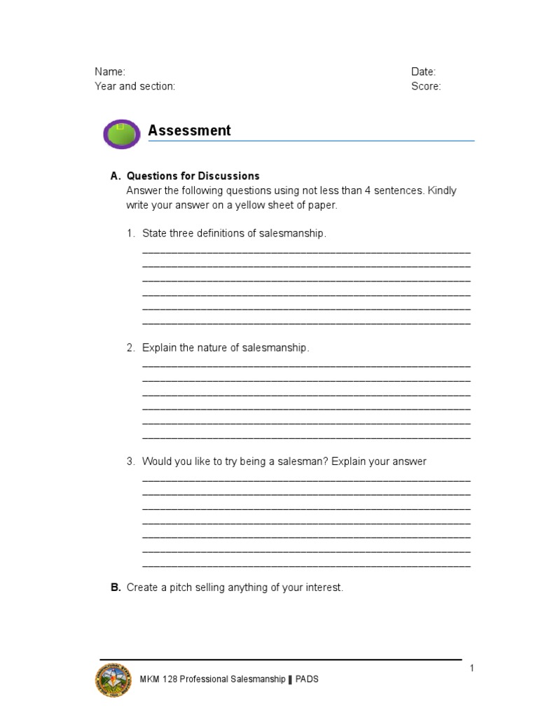 Professional Salesmanship-Module 1 - Activity Sheet | PDF