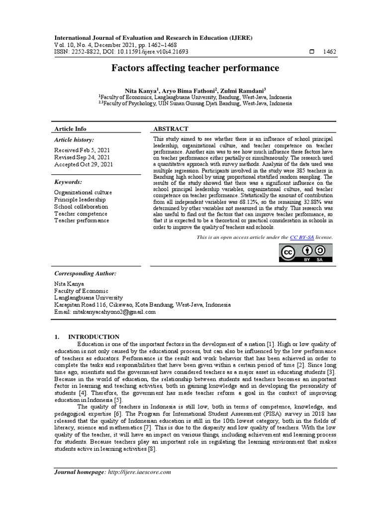 Factors Influencing Teachers Performance | PDF