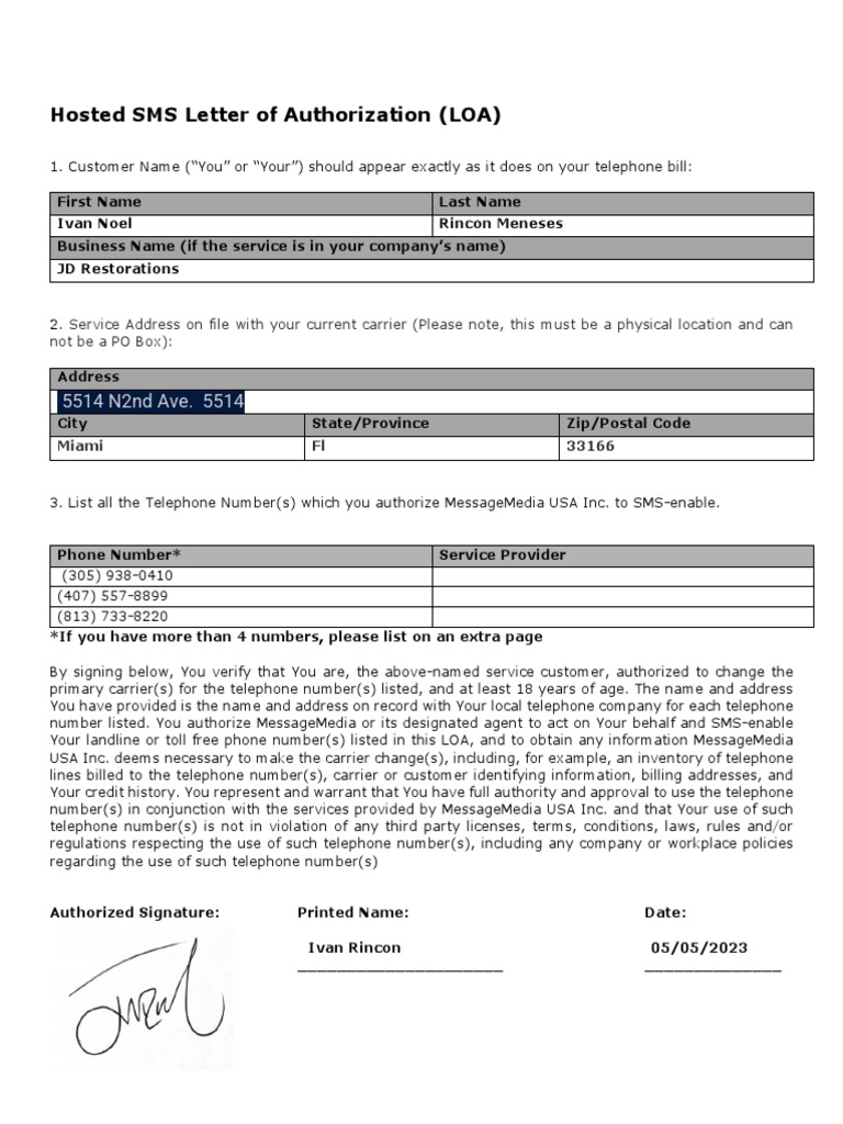 Hosted SMS LOA Form Signed | PDF