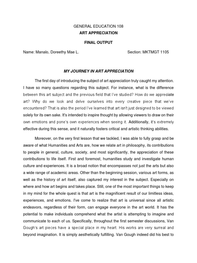 Art Appreciation Final Output - MANALO, Doreethy Mae L. | PDF | Experience | Mind