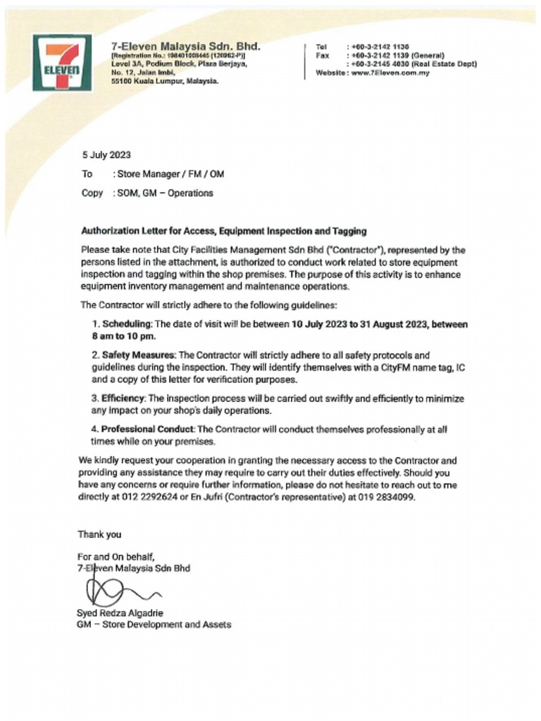 Authorization Letter For Access, Equipment Inspection and Tagging ...