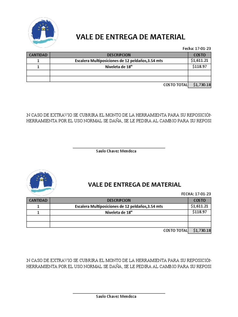 VALE ENTREGA Correcto | PDF